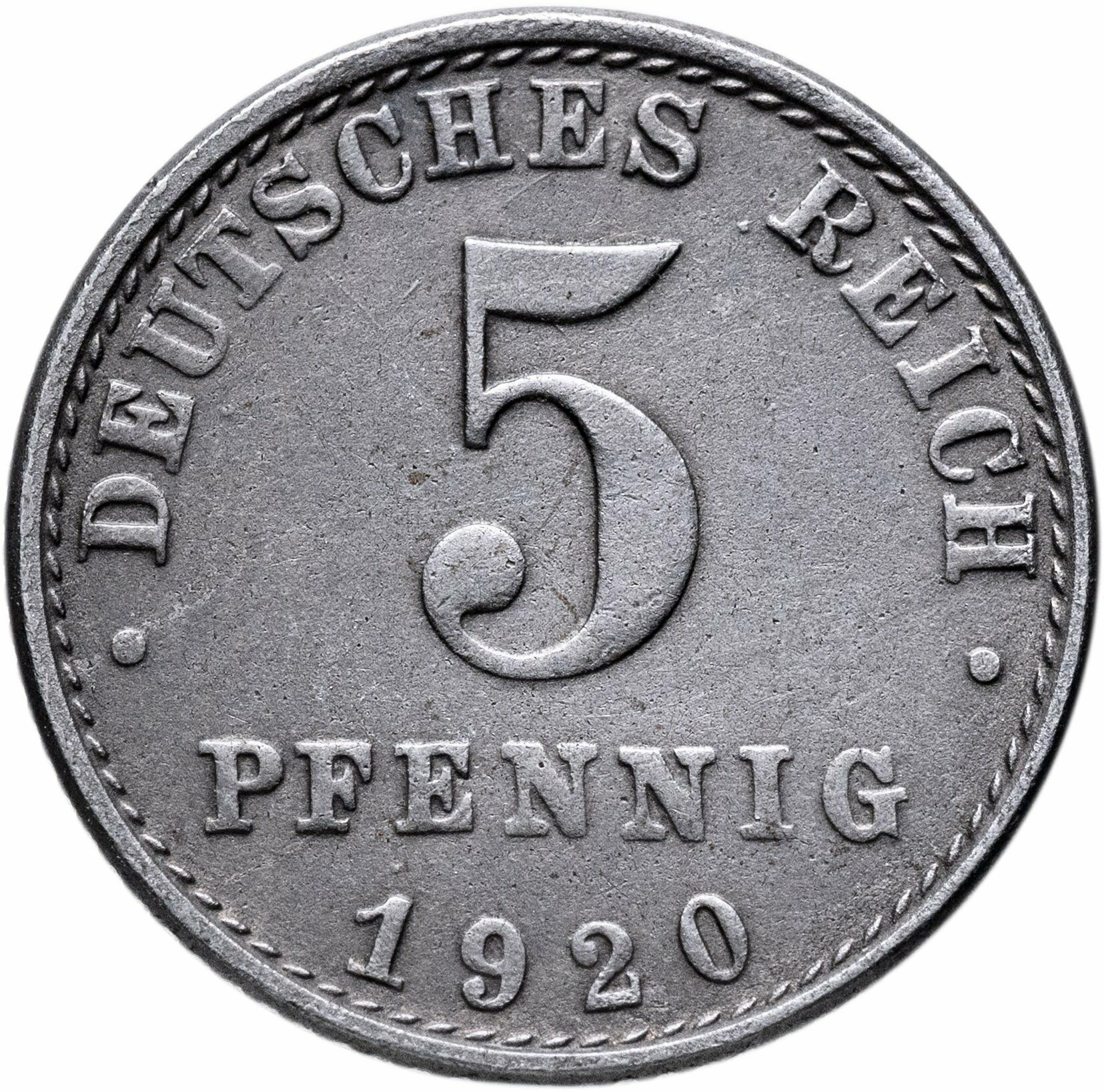 Германия 5 пфеннигов pfennig 1920, знак монетного двора: "А" - Берлин, Цинк, в сохранности XF