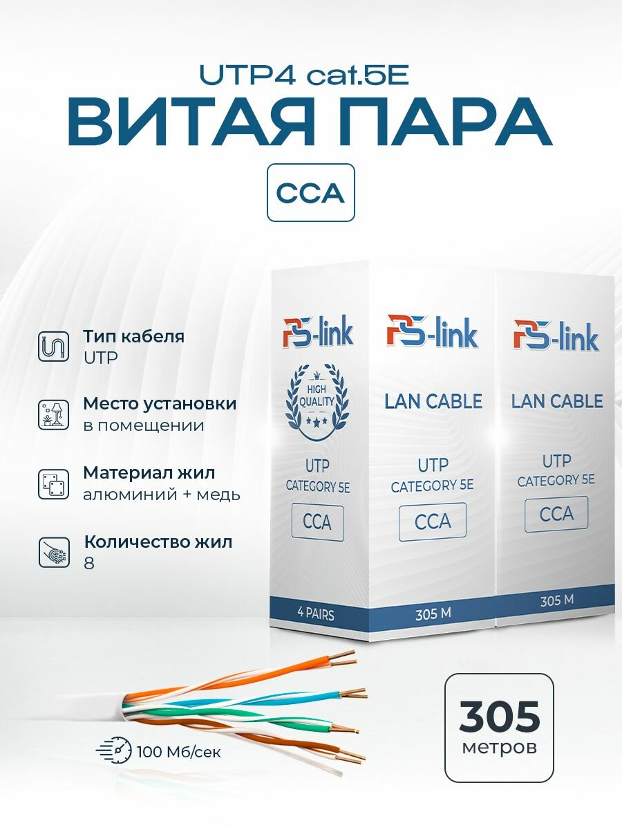 Кабель патч-корд UTP4 cat.5E CCA 305 метров Ps-Link UTP-CCA305