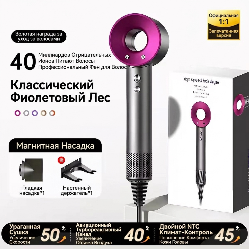 Фен для волос фиолетовый высокоскоростной, ионизация, бесщеточный мотор, полый канал, умный контроль, сделано в Китае