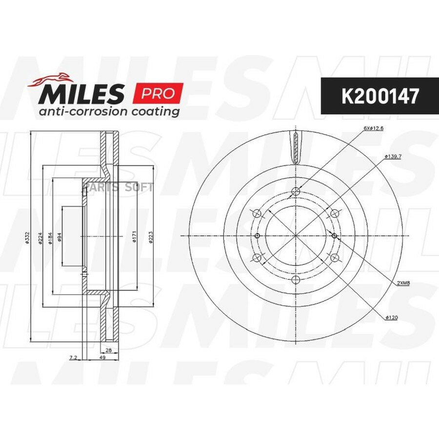 MILES K200147 Диск тормозной MITSUBISHI PAJERO IV 07- передний вент. D=332мм. ()