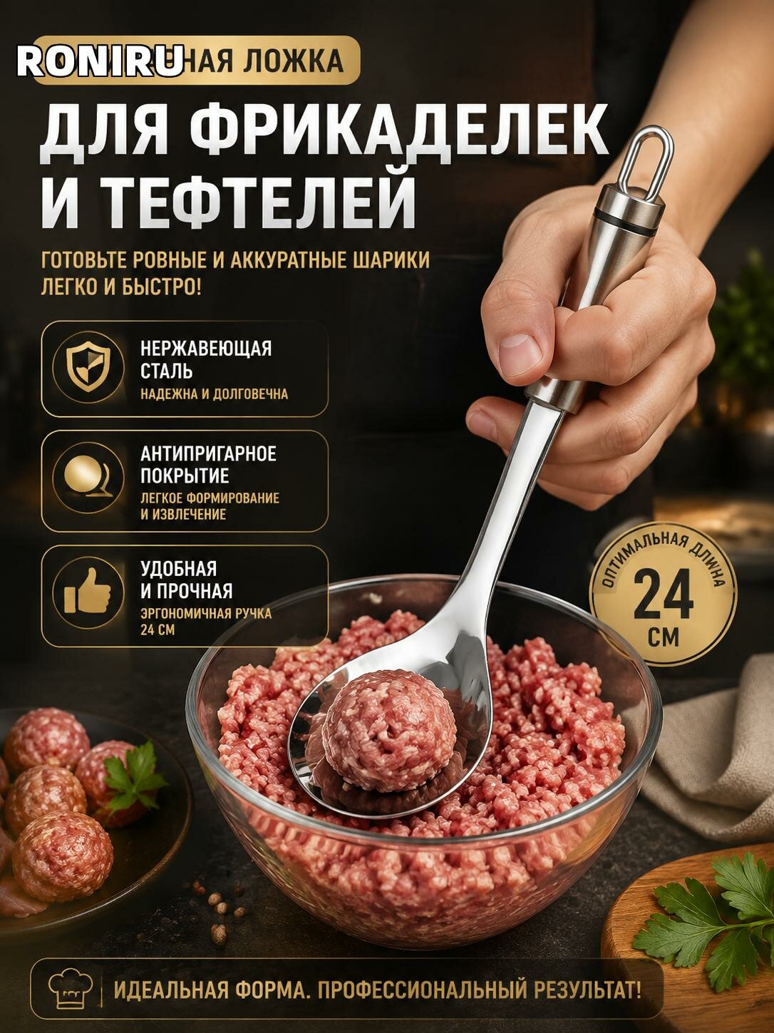 Кулинарная ложка для фрикаделек и тефтелей 24 см из нержавеющей стали с антипригарным покрытием, удобна и прочна