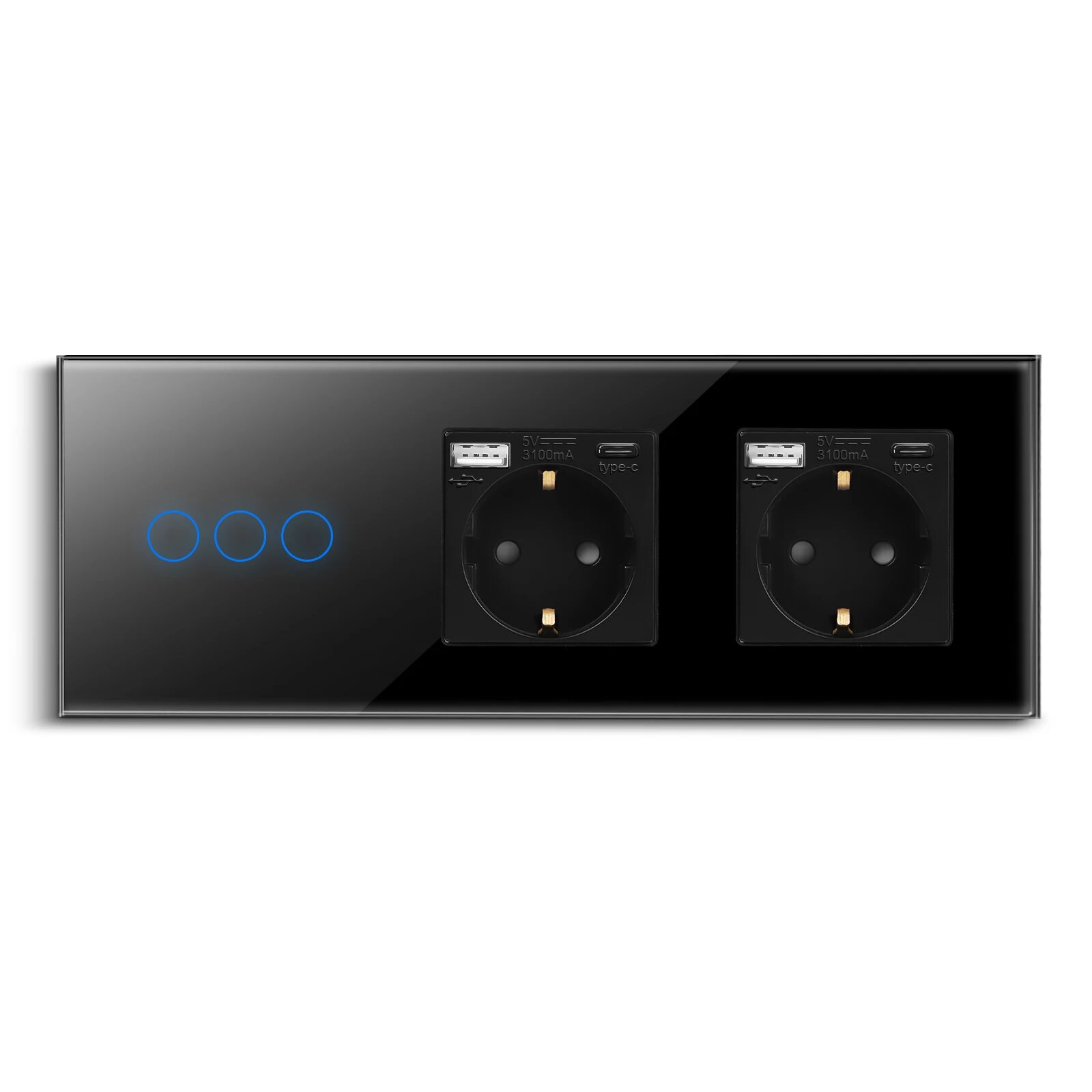 USB розетка с двумя гнездами EU и Type-C, черная