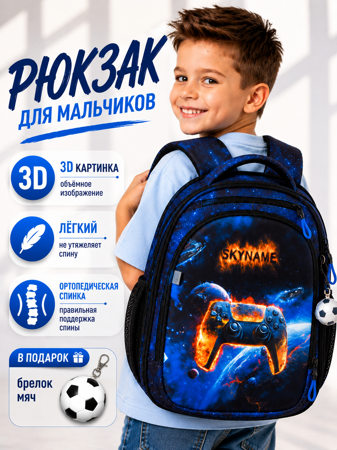 Рюкзак школьный для мальчика + брелок мячик , SkyName (СкайНейм)
