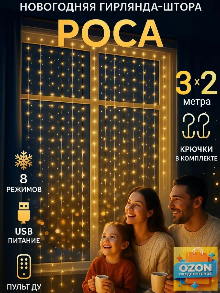 Электрогирлянда интерьерная Занавес Светодиодная 200 ламп, 3 м, питание От порта USB, 1 шт