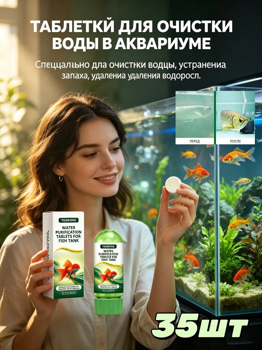 Таблетки для очистки воды в аквариуме 35шт, от водорослей и мути для прозрачности и здоровья рыб
