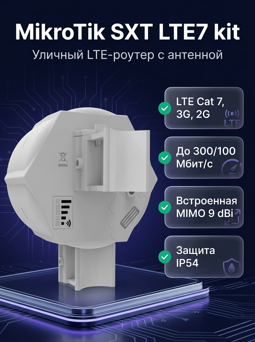 Роутер Mikrotik SXT LTE7 kit (SXTR&R11e-LTE7), уличный LTE-роутер CPE, LTE Cat 7 до 300 Мбит/с, 2 слота SIM, MIMO 9 dBi, IP54