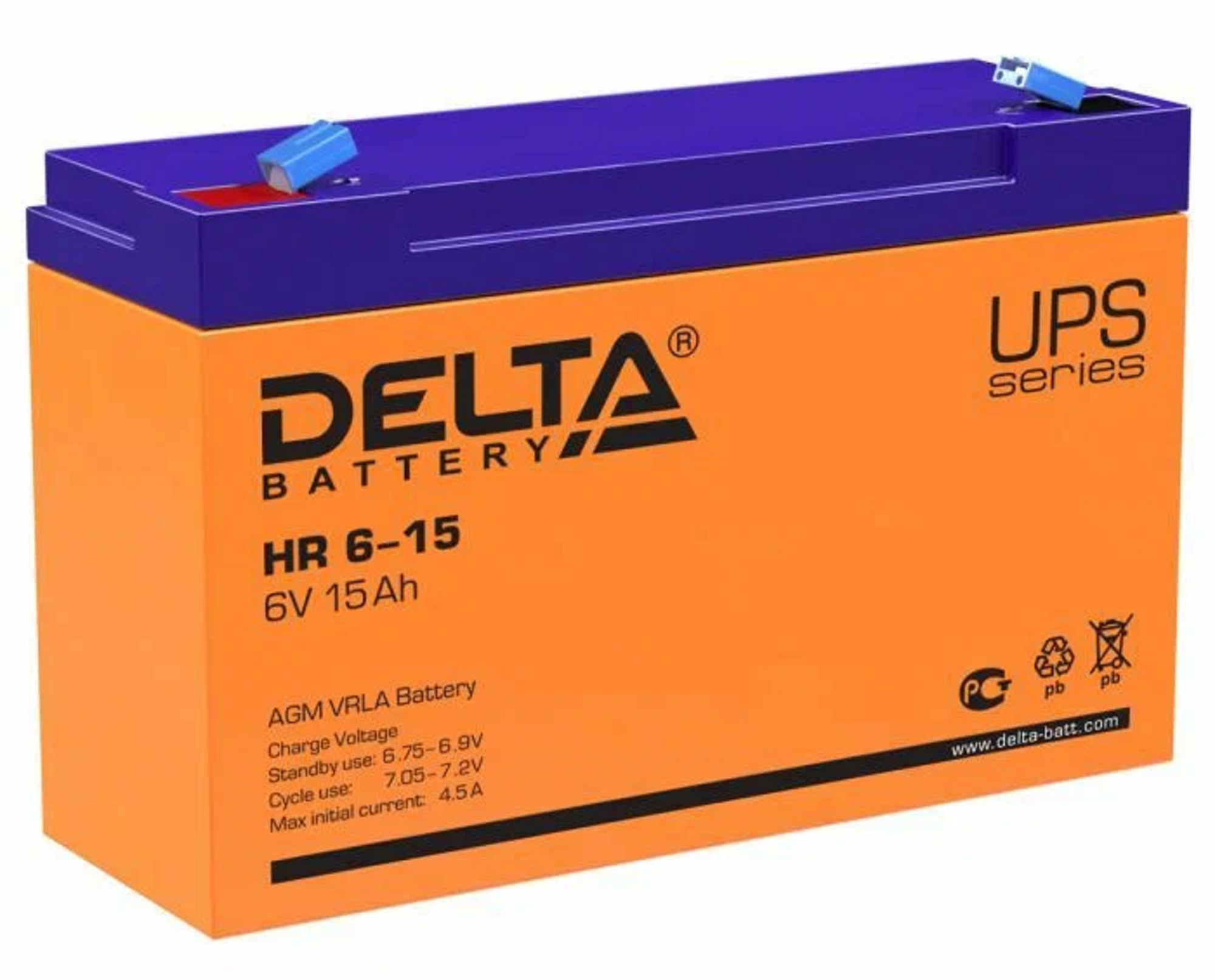 Аккумуляторная батарея Дельта Battery HR 6-15, для ИБП, 6 В, 15 Ач, оранжевая