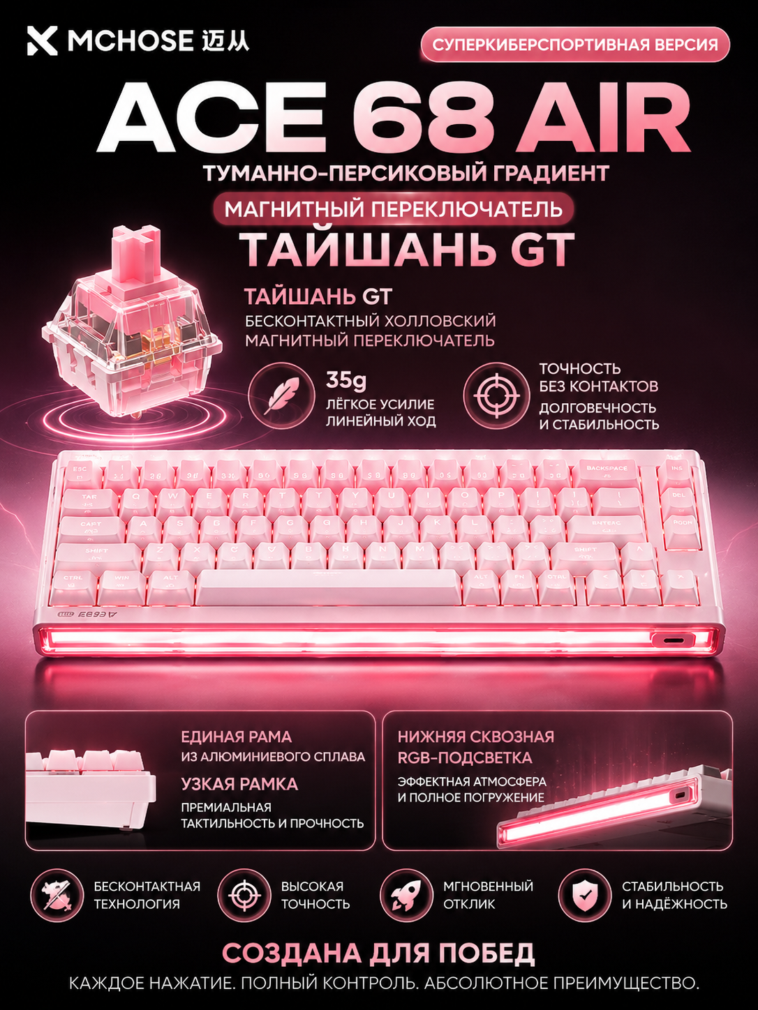 MCHOSE Игровая клавиатура проводная ACE68 AIR Ultra Esports Mount Tai Magnetic Switch GT, Английская раскладка