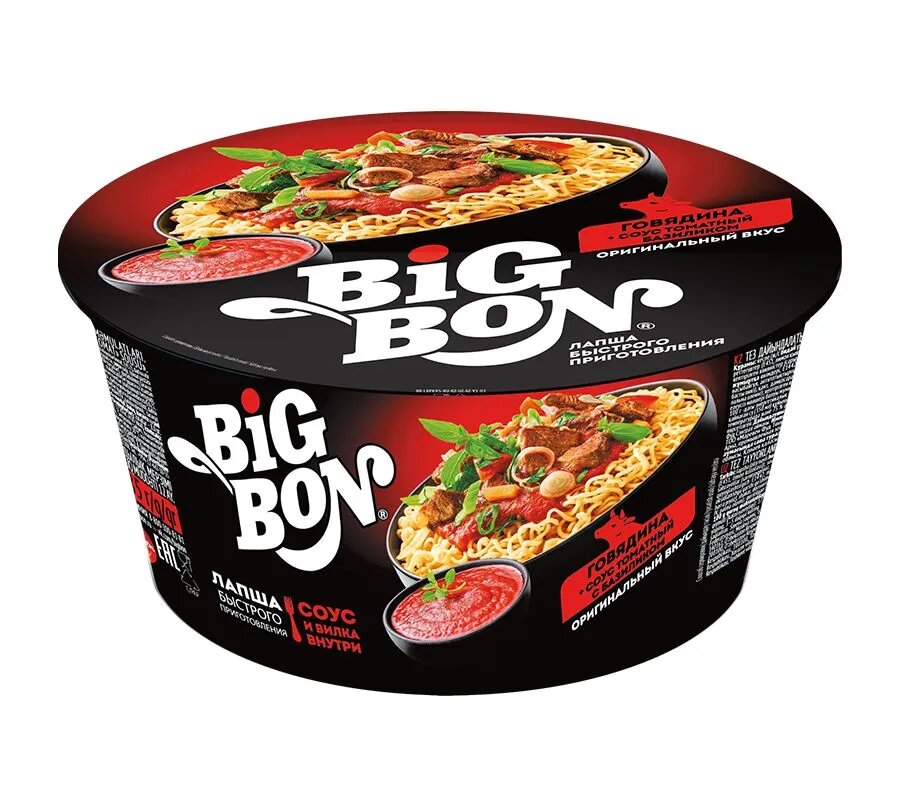 Лапша быстрого приготовления BIGBON Говядина в соусе томатный с базиликом , 85 г