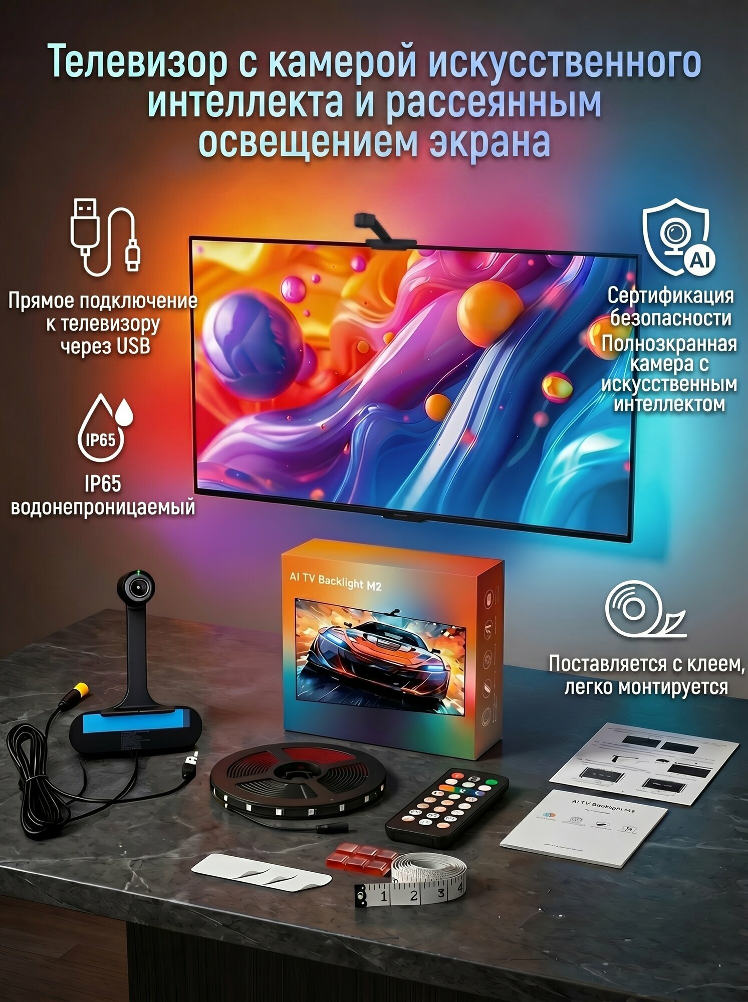 Светодиодная лента AI-Camera, для подсветки ТВ, с пультом ДУ, 5 В USB, RGBIC, 5м/75-85inch, IP65