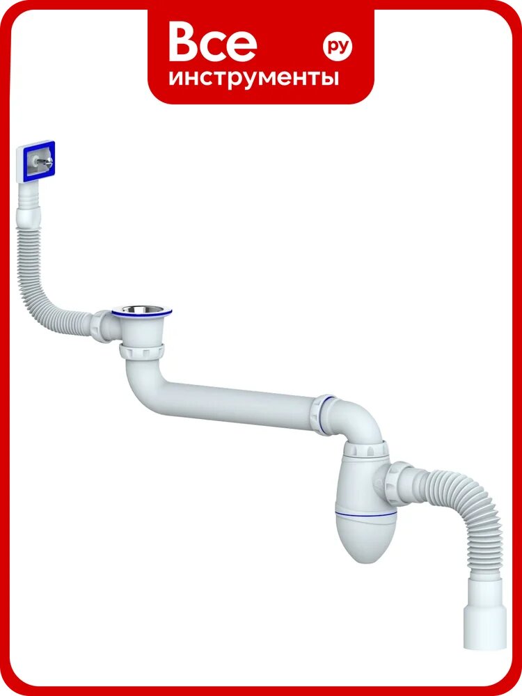 Сифон Unicorn 1 1/2 ac22 со смещением, прямоугольный перелив, с гофрой 40x40/50 553591, серый