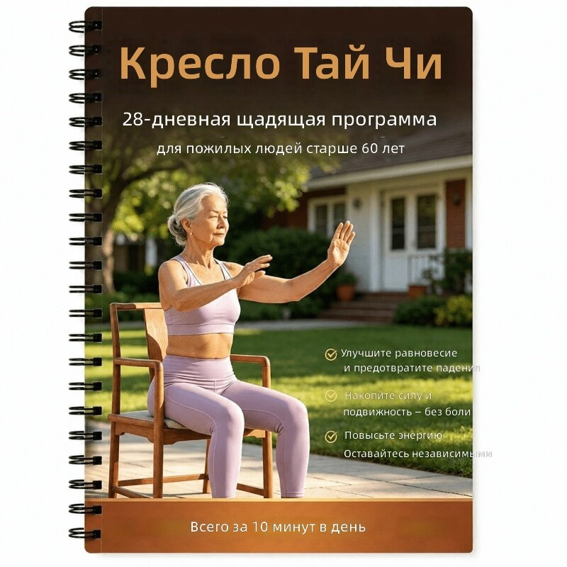 Книга упражнений тайцзи на стуле для пожилых (60+) — ежедневный план тренировок, спиральное переплетение, руководство для сидячих занятий, развитие баланса, силы и гибкости, низкоударный фитнес на стуле