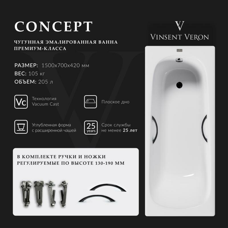 Vinsent Veron Чугунная ванна Concept 150x70x42 с дугообразными черными матовыми ручками VCO1507042H/VH0015BL Vinsent Veron