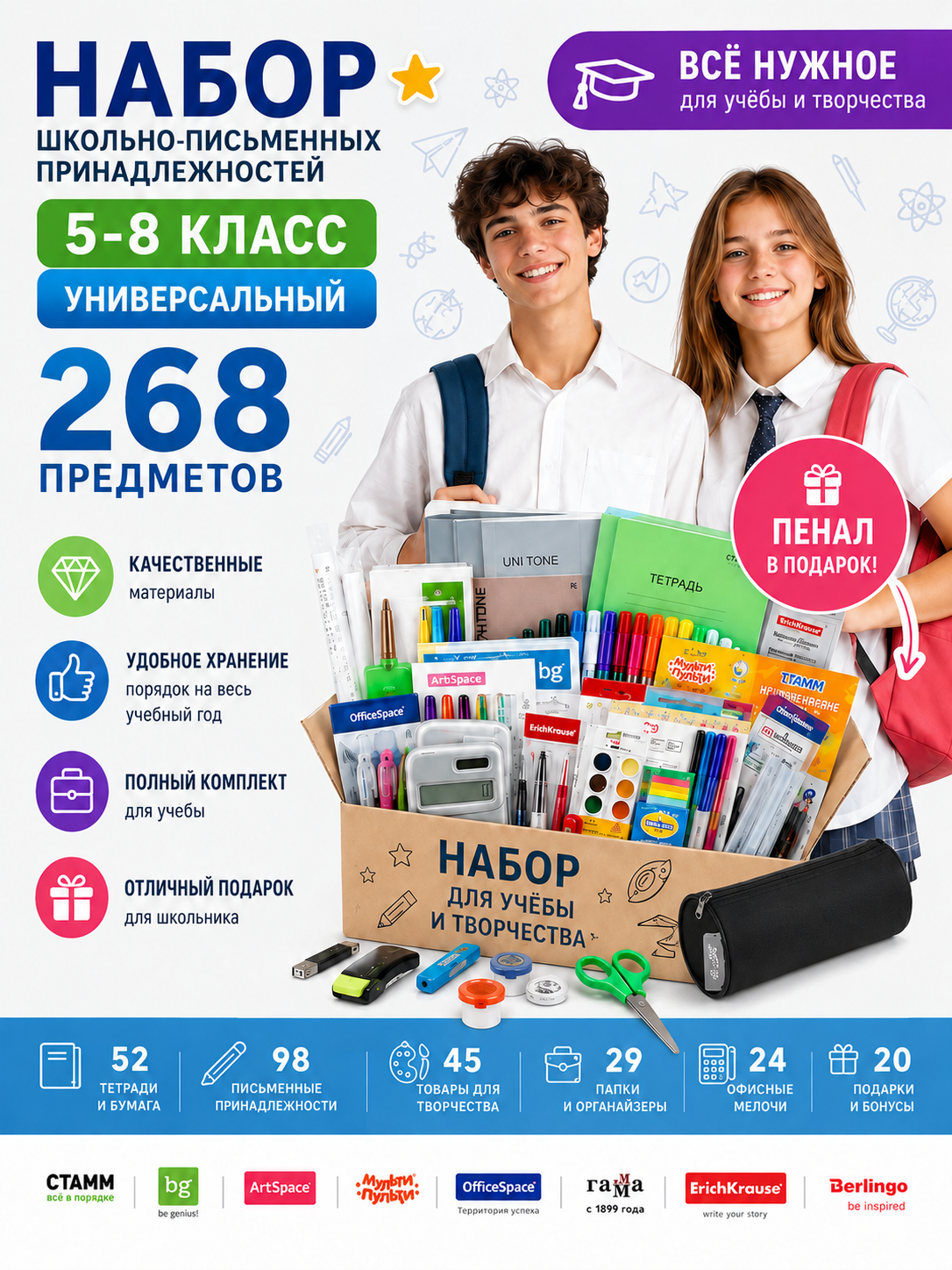 Набор "5 - 8 класс. Универсальный" школьно-письменные принадлежности, 268 предметов, в гофрокоробе