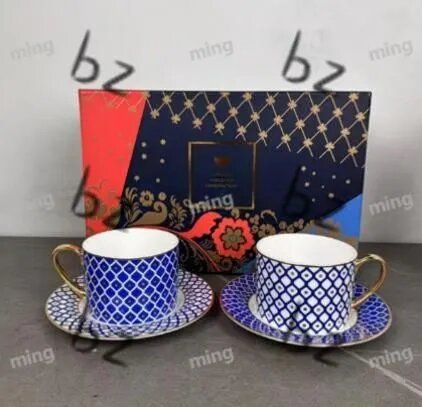 Чайная, кофейная пара "MING" 250 мл на 2 персоны, костяной фарфор, Синий, 4 предмета