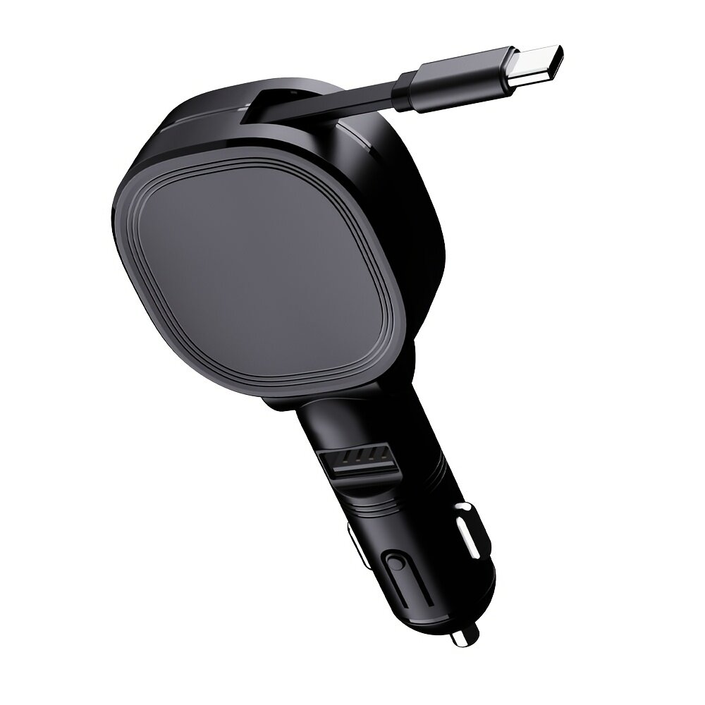 30W USB-C автомобильное зарядное устройство с выдвижным кабелем, двойной порт быстрой зарядки, компактное для путешествий, для iPhone 15, Samsung, iPad, MacBook, для грузовиков и автомобилей, черный (2-в-1)