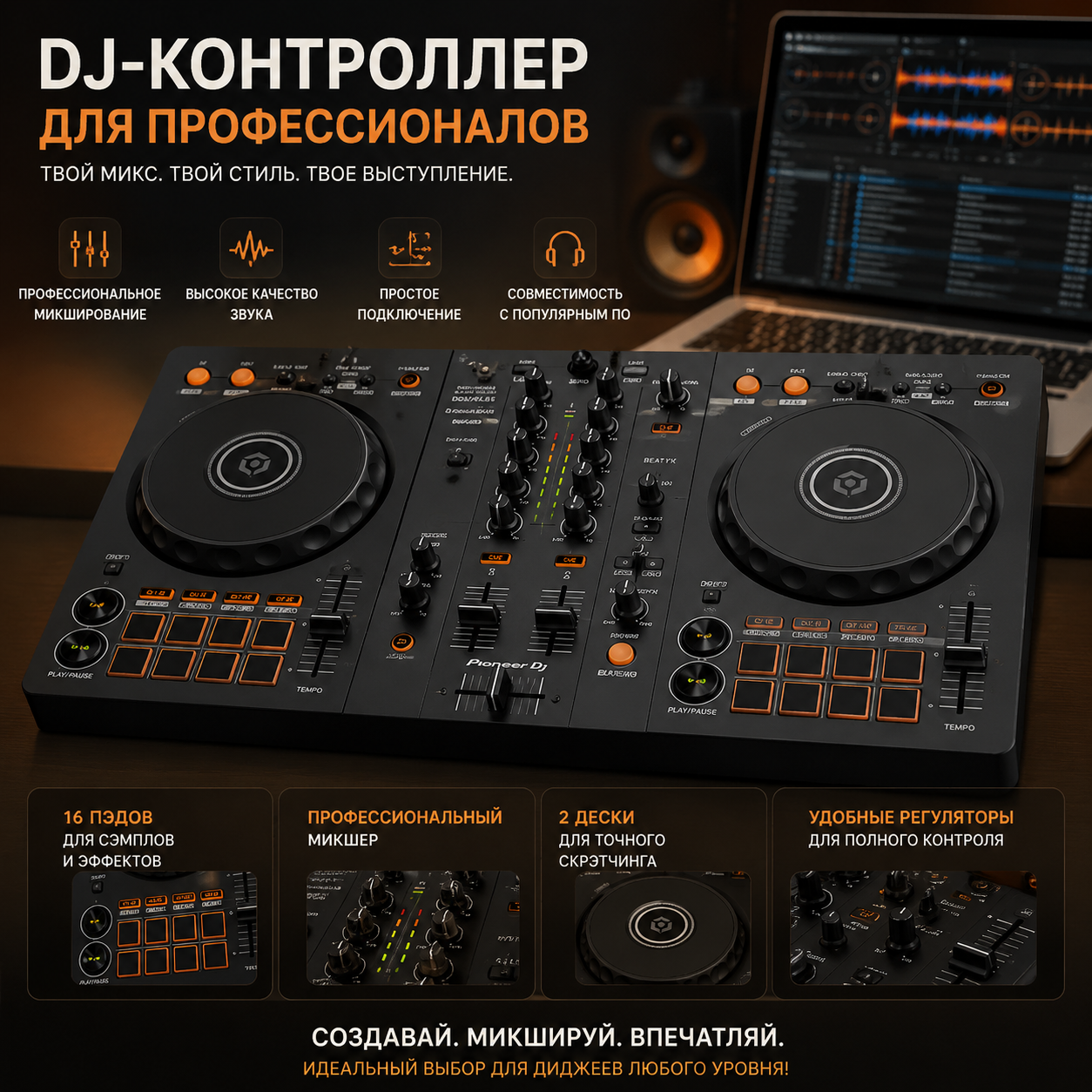 DJ-контроллер Pioneer DDJ-FLX4 двухканальный для rekordbox и Serato с эффектами и сэмплером