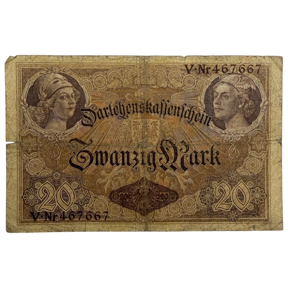 Германская империя (Германия) 20 марок 1914 г. (Darlehenskassenschein) (Серия V) (6-значный номер)
