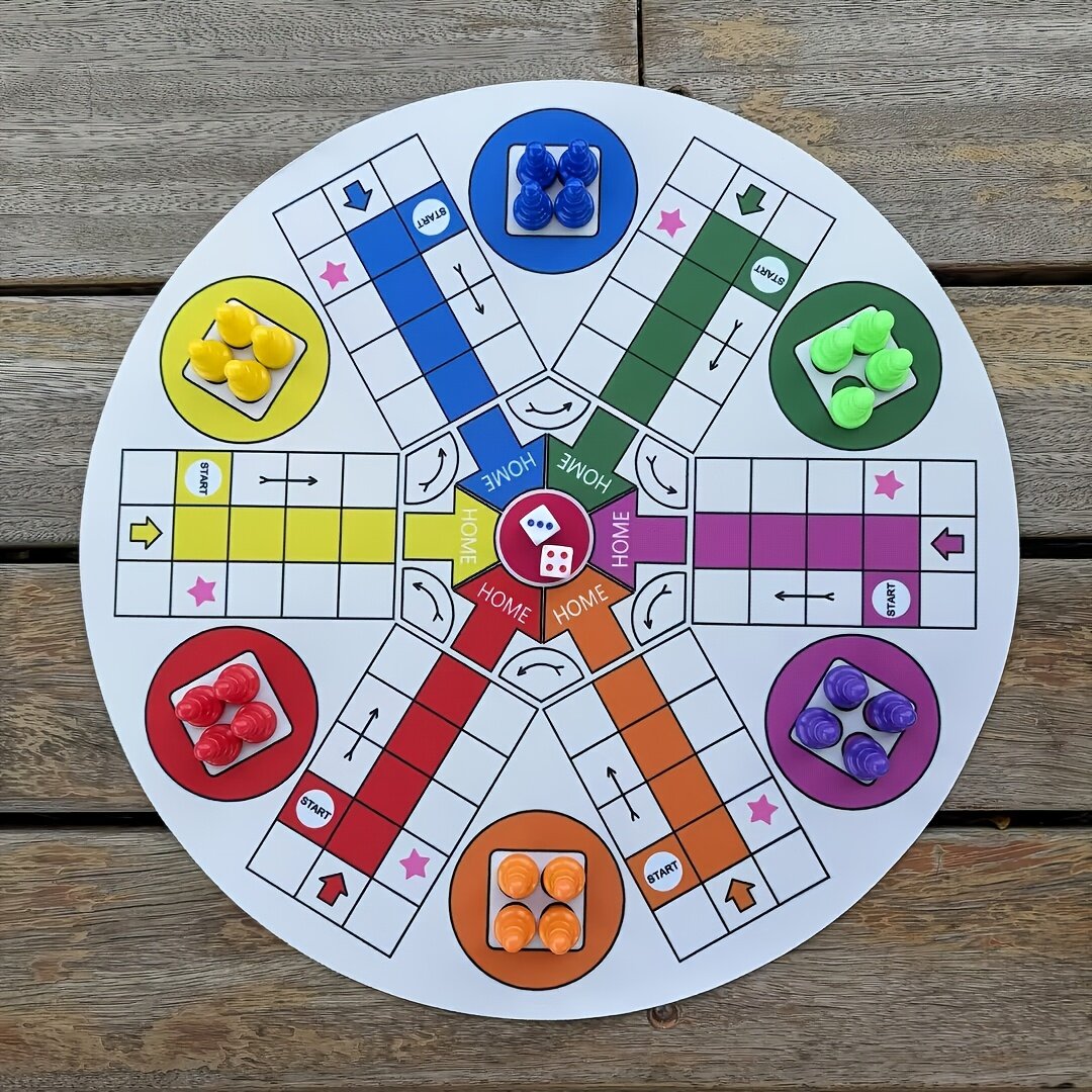 Настольная игра Лудо, 21.65 дюйма, круглая резиновая доска, набор для 6 игроков: 24 фишки 6 цветов, 2 кубика, складная, можно использовать как коврик для мыши