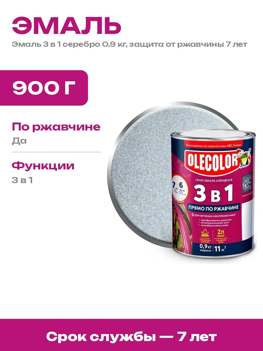 Эмаль серебристая глянцевая 0.9 кг для металла, грунт-краска