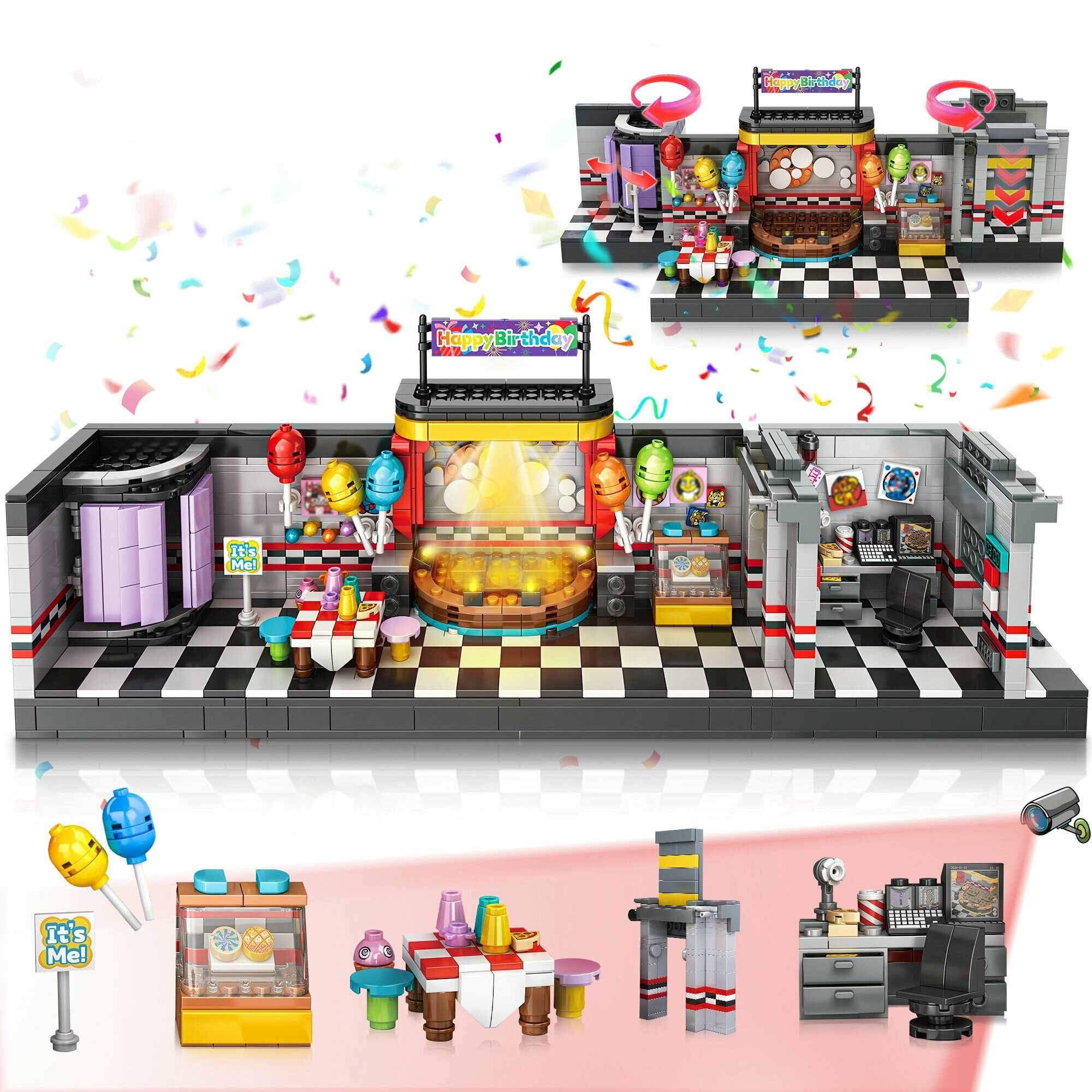 Конструктор Аниматроники фнаф Сцена Пиццерии / Пять ночей у Фредди FNAF Pizzeria Stage building blocks kit совместим с конструкторами лего (1025 деталей) XA017 пиццерия сцена
