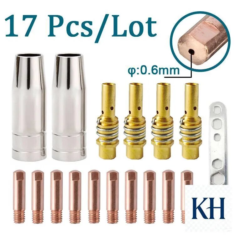 17 шт.(0.6mm)15ак Набор комплектующих для сварочного полуавтомата, диффузор, сопло цилиндрическое, наконечники токовые, mig 15ak