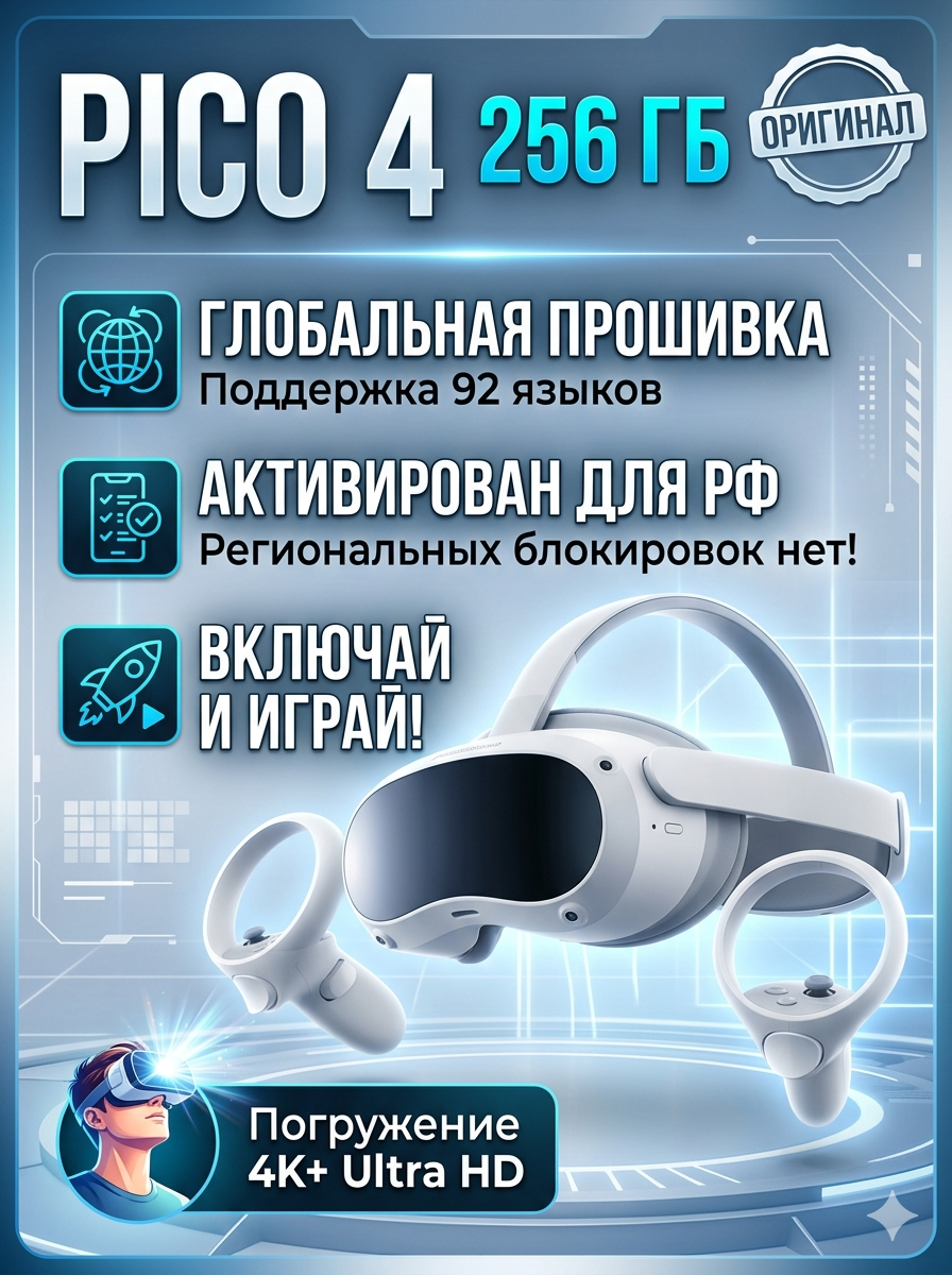 VR-очки Pico 4 256 ГБ, Белый (Шлем виртуальной реальности Пико 4, Поддержка 92 языков, Глобальное ПО, Активирован)