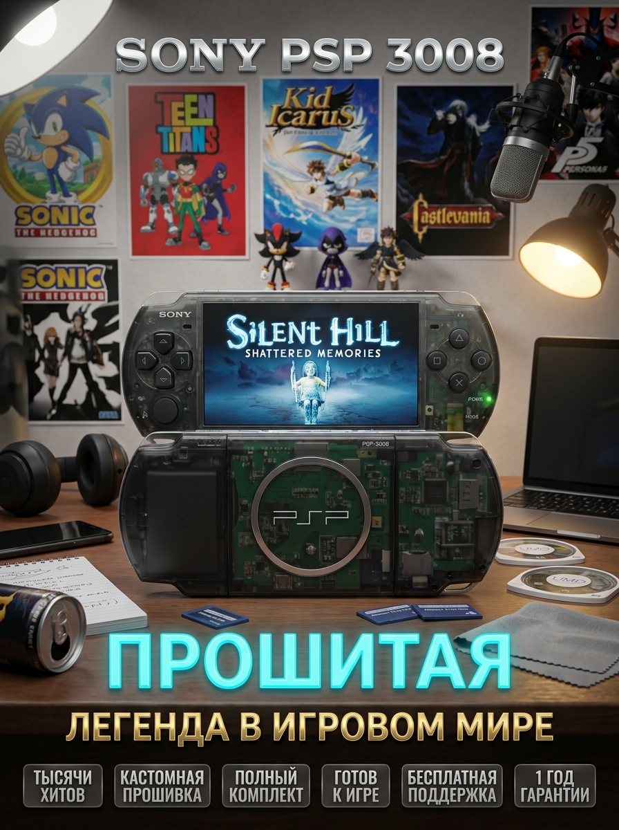 Новая игровая приставка Sony PSP 3008 Slim Transparent Black 64Gb 3000+ ИГР
