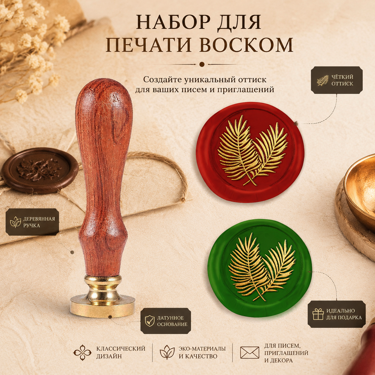 Печать для сургуча Форма листья, деревянная ручка, латунный штамп для писем, приглашений, открыток и подарков