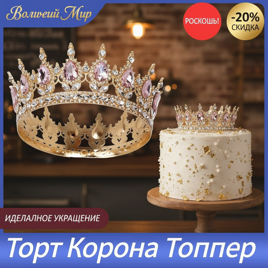 Топпер для торта золотая корона розовые алмазы биопластик 200 г