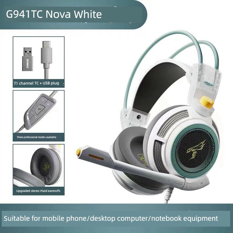 Геймерская гарнитура SonoTech G941 с Type-C, 7.1 surround sound, проводным микрофоном, белая для ПК и ноутбука