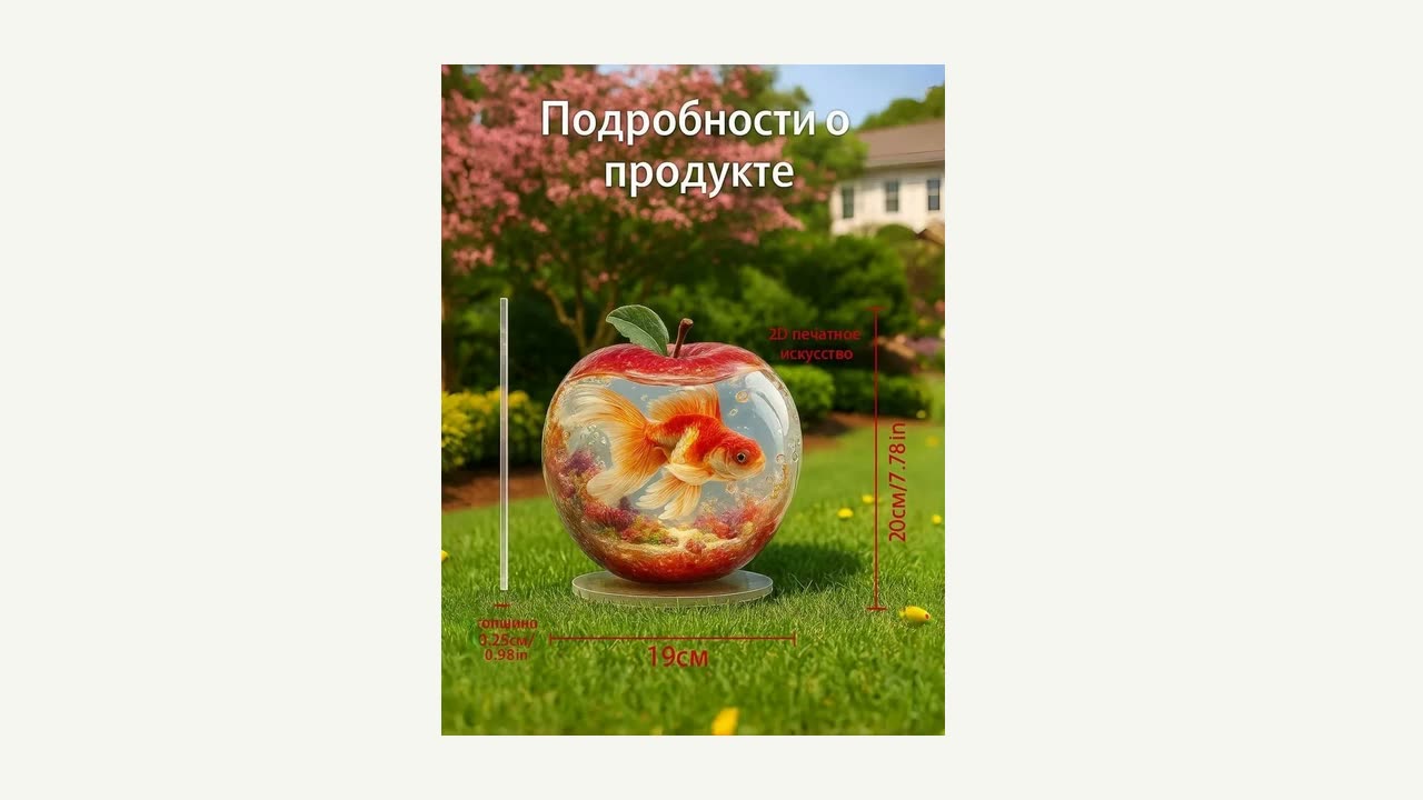 Садовая фигурка в виде яблока с аквариумом и золотой рыбкой, 19x20x0.25 см, пластик — фото 1