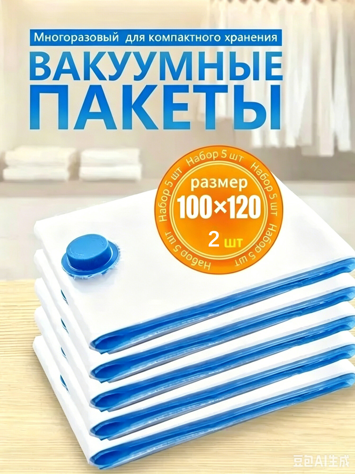 Вакуумные пакеты для одежды и матраса,2 штук, 100х120 см, многоразовые, хранение вещей пакет