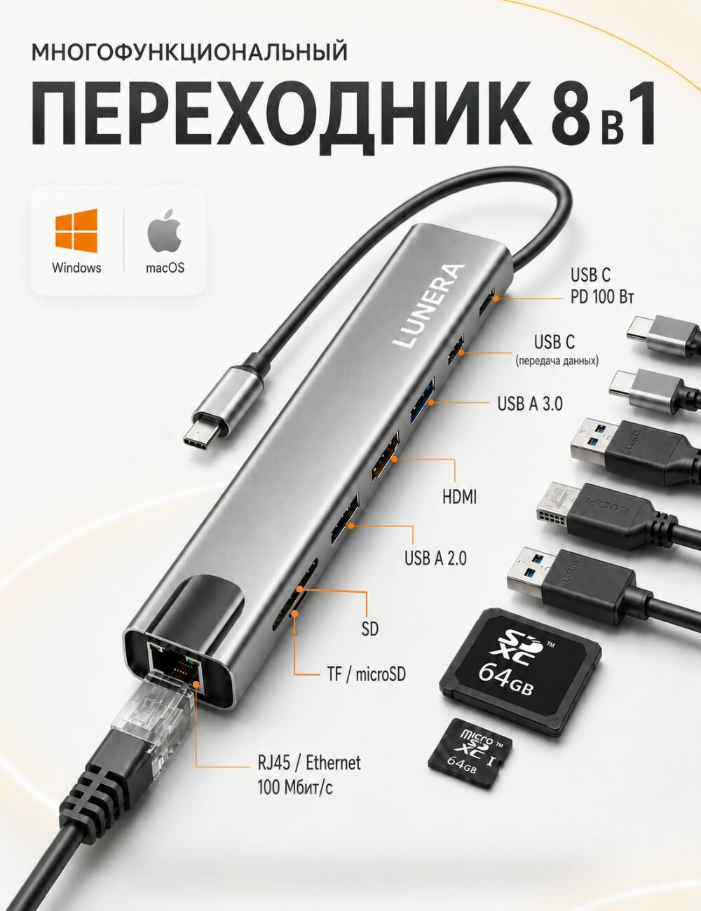 USB TYPE C HUB/ USB разветвитель/ USB концентратор/ картридер/ переходник для MacBook