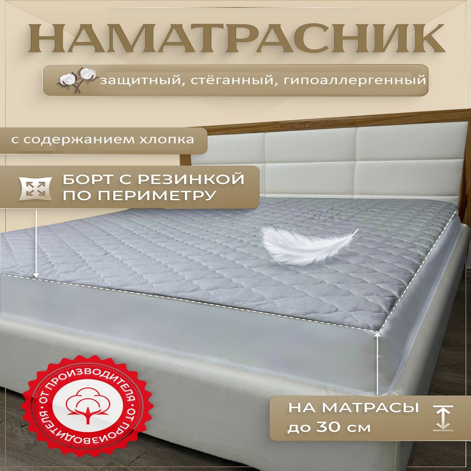 Наматрасник стеганый SUVOLA, хлопковый, 160х190 см, чехол с бортом, защитный, производитель