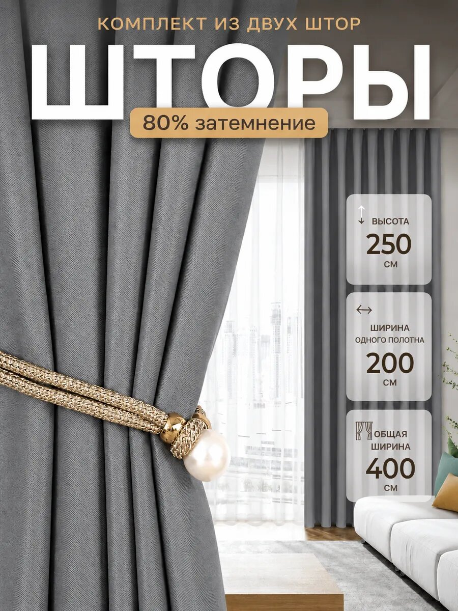 Шторы блэкаут 200х250 см 2 шт для гостиной и спальни темно-серые