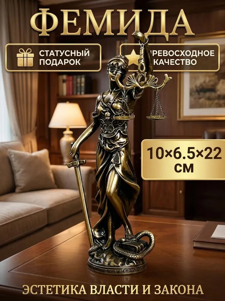 Статуэтка Фемида, высота 22 см, длина 10 см, ширина 6.5 см, металл, бронзовый/золотистый