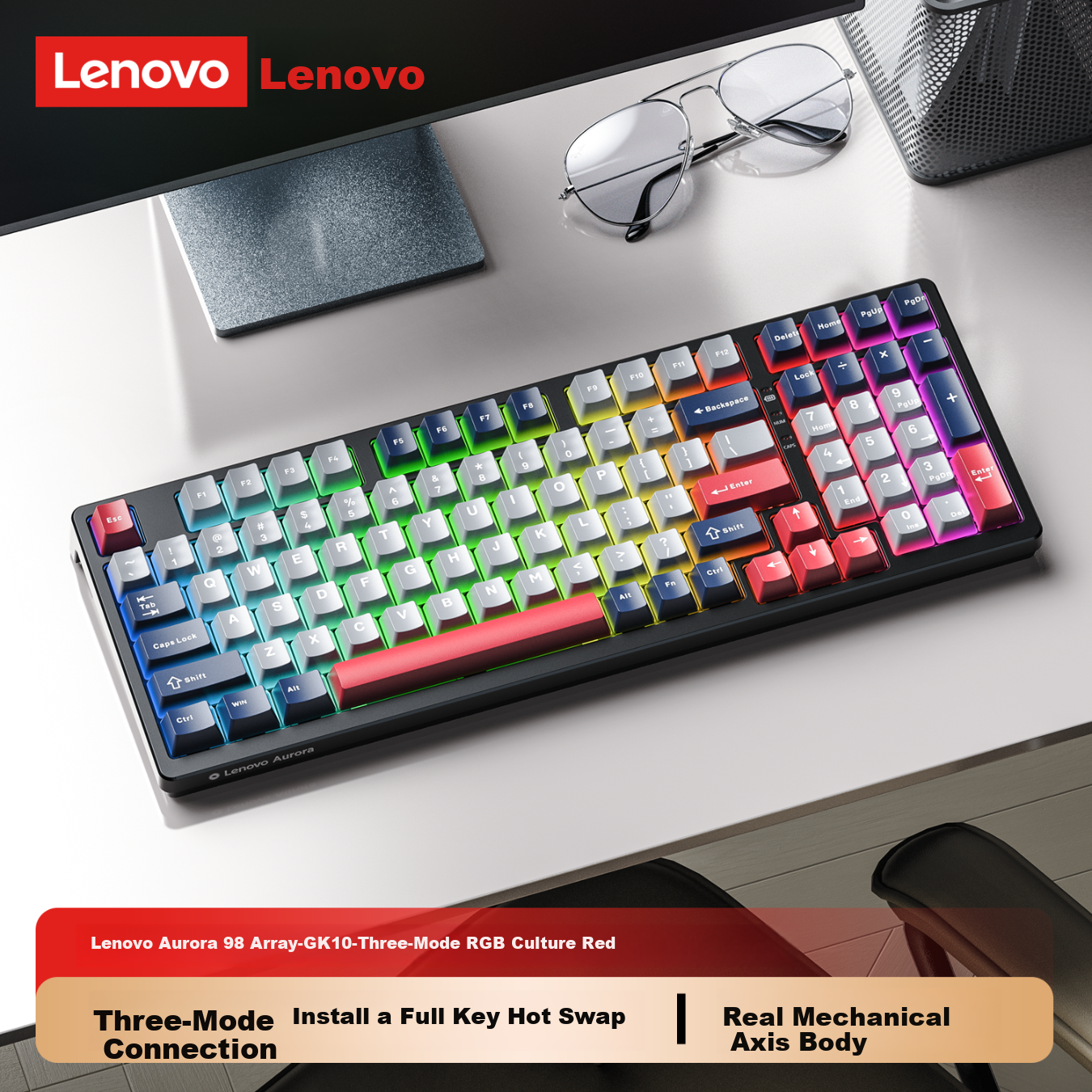 Lenovo GK10 98-клавишная беспроводная Bluetooth механическая клавиатура с RGB-подсветкой и полной заменой клавиш для
