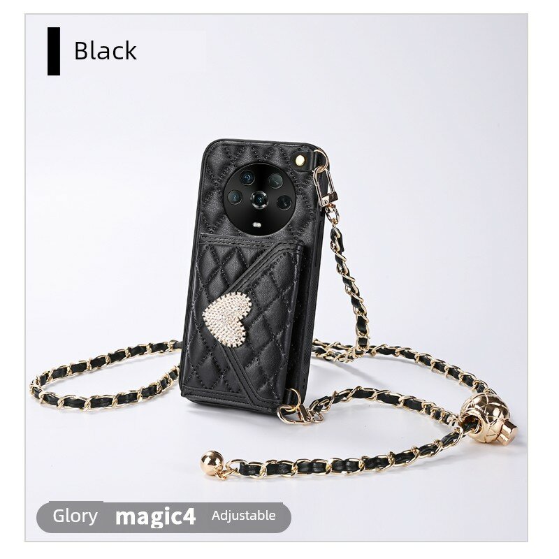 Кошелек для iPhone 12 Pro Max с рисунком сердца и черным цветом с регулируемым цепным ремешком для женщин
