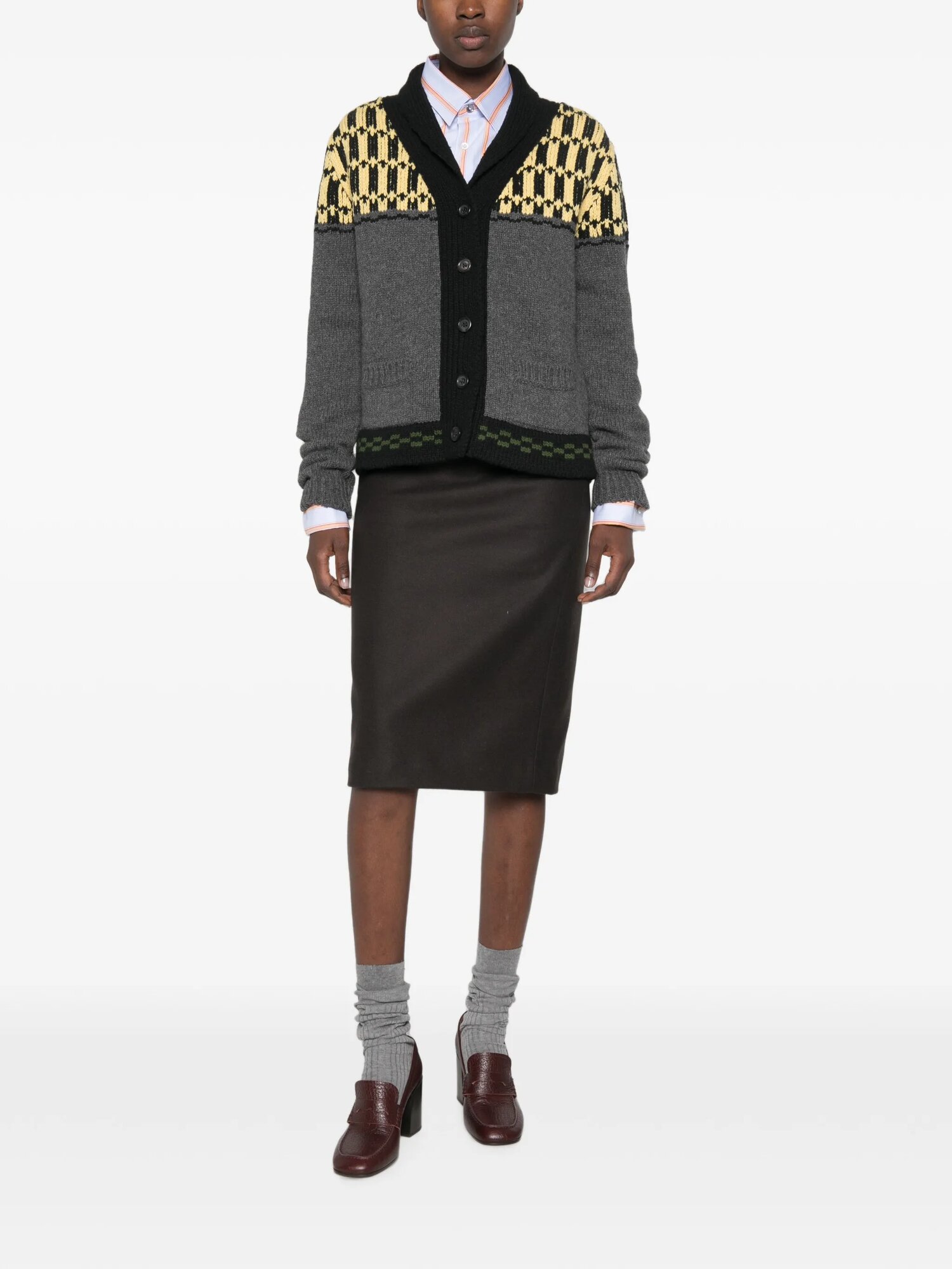 Кардиган Marni Geometric-pattern shawl-collar cardigan, размер 42, серый — фото 1