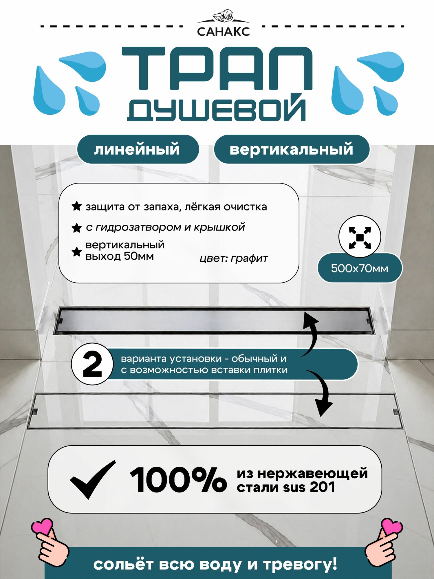 Санакс Трап 500х70 мм (гидрозатвор), с возможностью вставки плитки, нержавеющая сталь, линейный, вертикальный, цвет графит