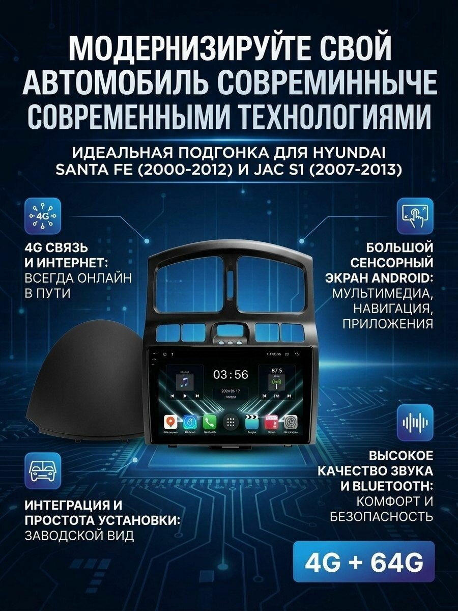Штатная магнитола Хендай Санта Фе FarCar (Hyundai Santa Fe SM) 2000-2012 на Android (4GB/64GB/WiFi/GPS/BT/IPS) + камера заднего вида - 9 дюймов