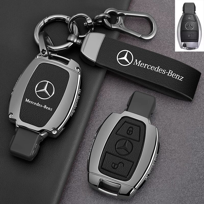 Чехол для ключа Mercedes A-Style 2-кнопочный рисунок кожа, нобл блюк с кожаным ремешком для E300L GLB220 C260L GLE350