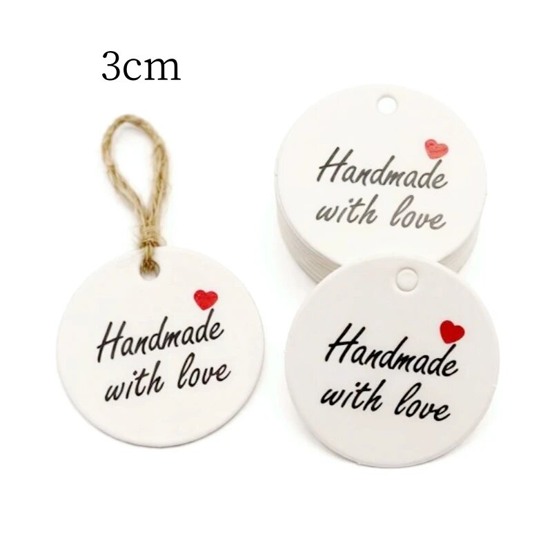 Бирки белые "Handmade with love", 3 см, 50 шт.