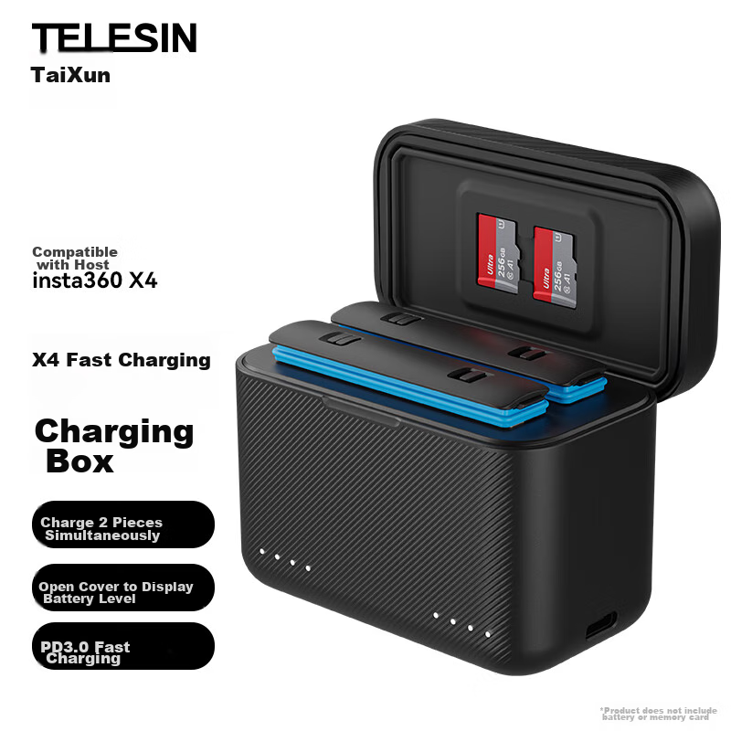 TELESIN Compatible with Insta360 X4 Battery Charging Case, Panoramic Action Camera Charger, Simultaneous Dual Charging, PD3.0, with Power Display on Lid