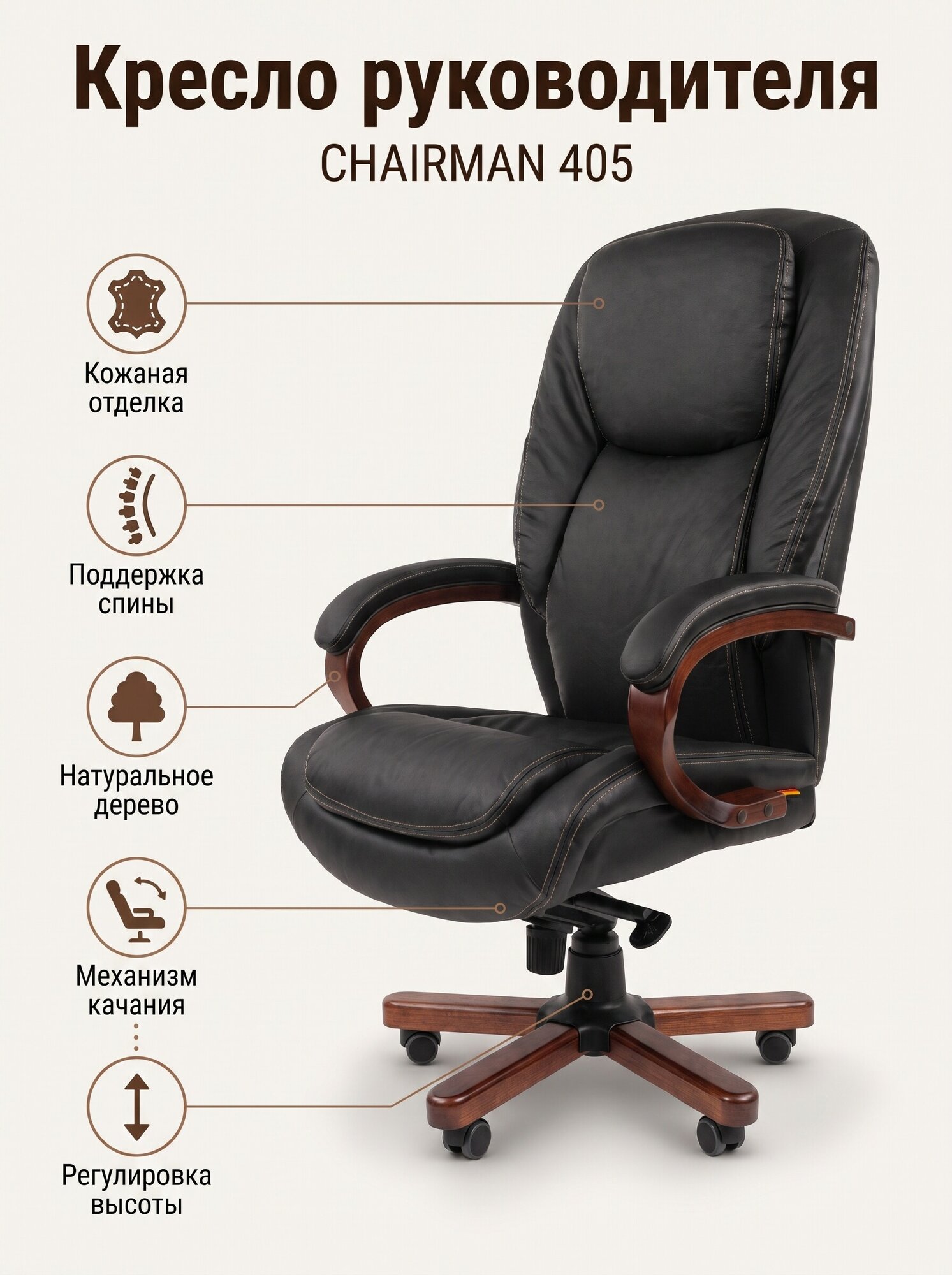 Компьютерное кресло CHAIRMAN 408 кожа/экокожа черное механизм мультиблок для руководителя подлокотники из дерева