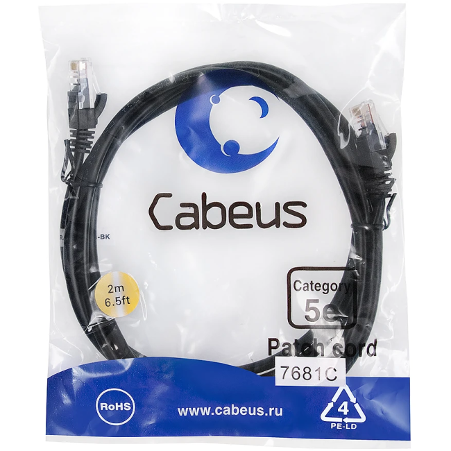 PC-UTP-RJ45-Cat.5e-2m-BK Кабель патч-корд U/UTP 5e кат. 2м. Cabeus неэкранированный, черный — фото 1