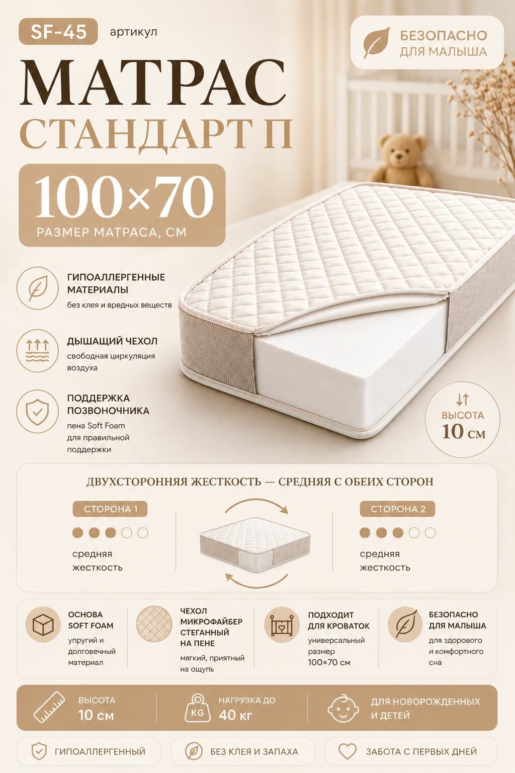 Матрас Стандарт детский 100*70*10 см арт. SF-45