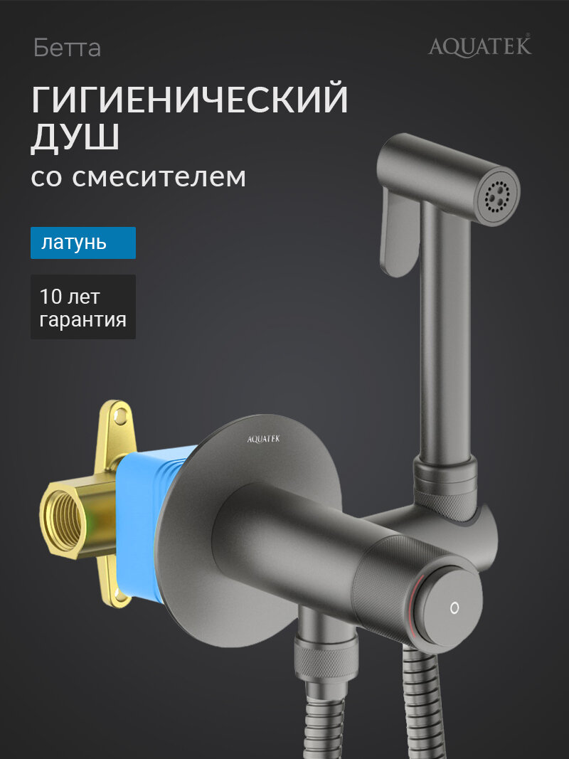 Гигиенический душ со смесителем Aquatek Бетта AQ1023BGM, однорычажный, встраиваемый, латунь, оружейная сталь
