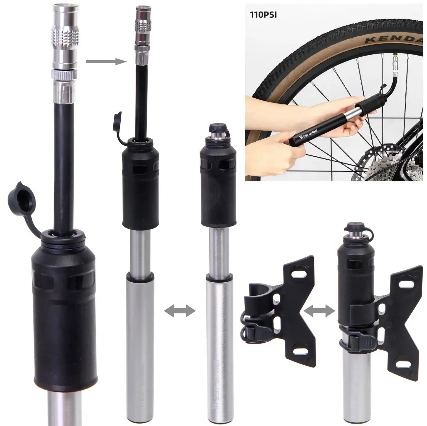 Насос велосипедный West Biking, алюминий, черный/серебро, 110PSI, с креплением